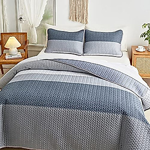 Striped Cotton Quilt Set King Size with White Gray Stripes Soft Cotton Reversible 3pc Quilt Bedding Set, Coverlet, Bedspread with 2 Pillow Shams