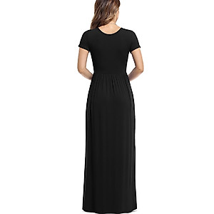 VIISHOW Women's Short Sleeve Loose Plain Maxi Dresses Casual Long Dresses with Pockets(Black, X-Large)