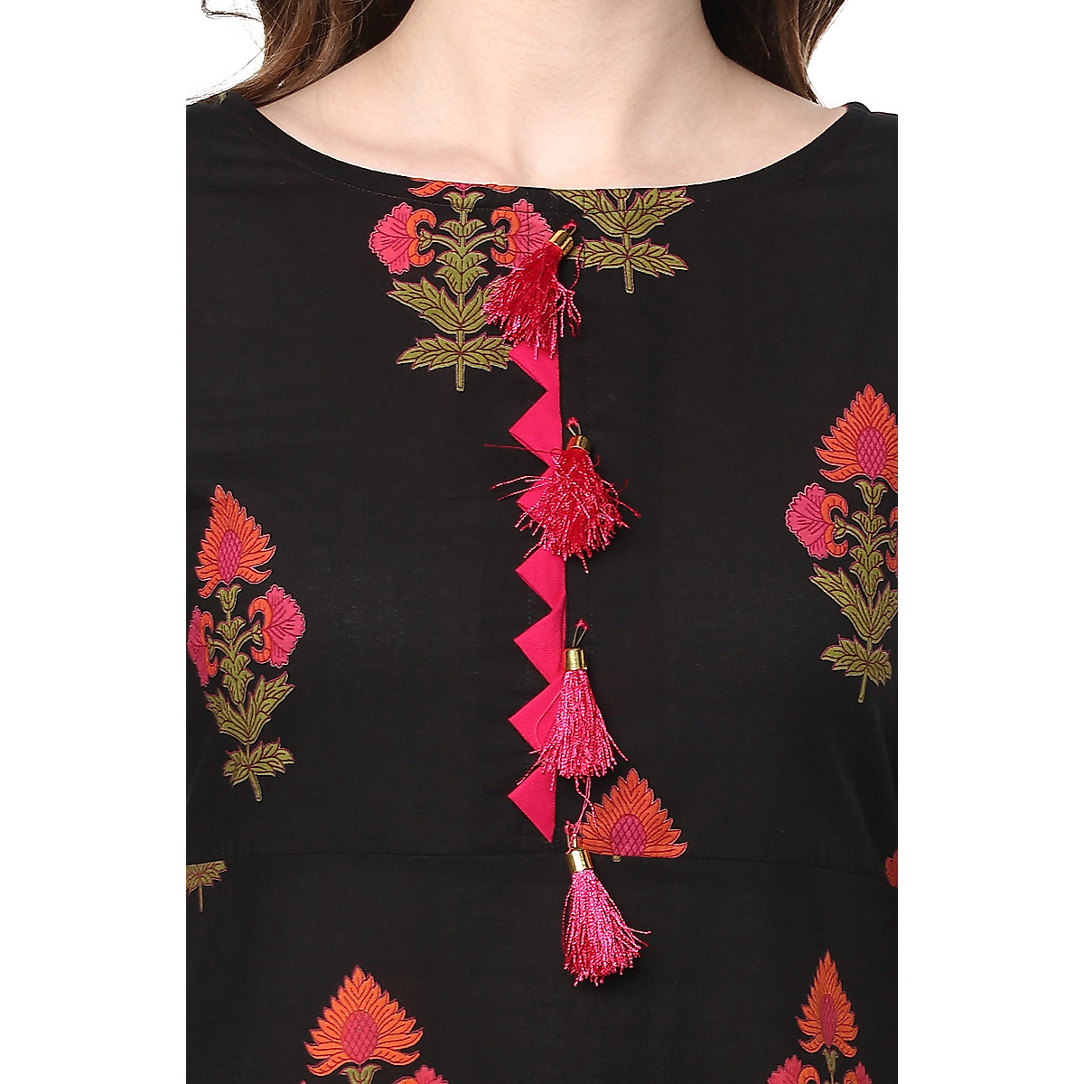 Janasya Indian Women's Tunic Tops Cotton Kurti for Women(JNE2170-KR-436-XL) Black