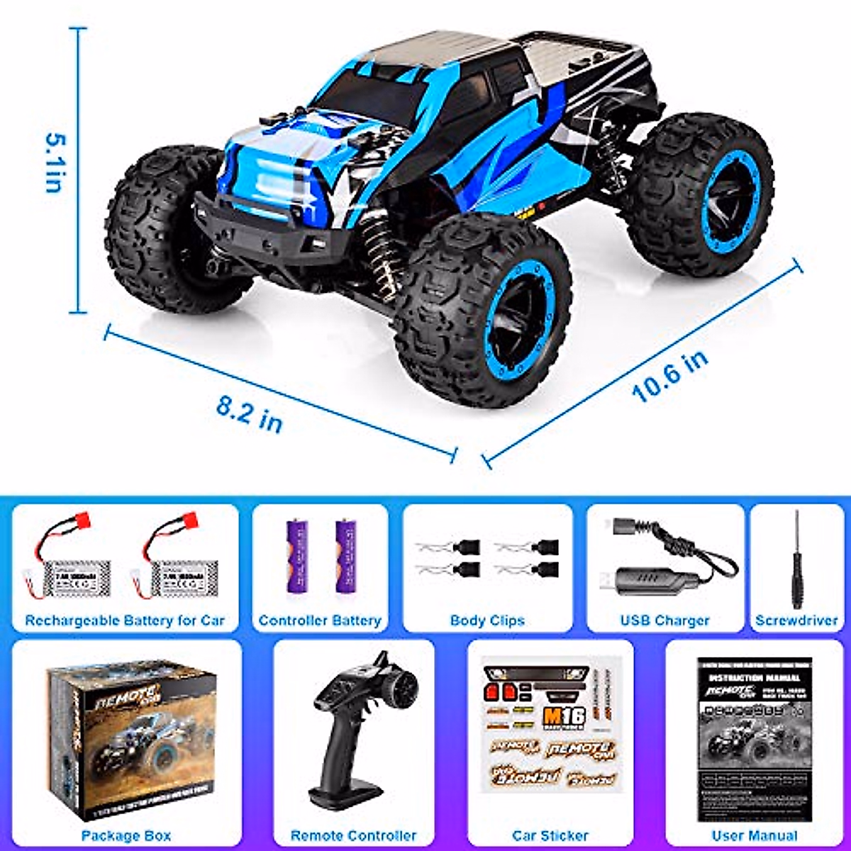 PHYWESS RC Cars Remote Control Car for Boys 2.4 GHZ High Speed Racing Car, 1:16 RC Trucks 4x4 Offroad with Headlights, Electric Rock Crawler Toy Car Gift for Kids Adults Girls