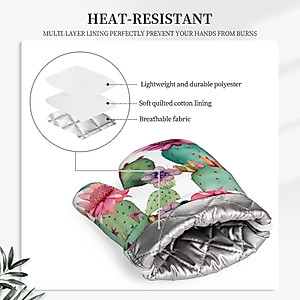 Cactus Flower Printed Oven Mitts and Pot Holders Sets Heat Resistant Kitchen Oven Gloves Potholders Set Extra Long Non-Slip Silicone Gloves for Cooking Baking BBQ
