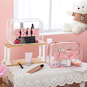 Sotiff 3 Pcs Preppy Clear Makeup Bags Chenille Letter Patch Pouch with Zipper Waterproof Cosmetic Toiletry Bag Transparent Toiletry Bags for Women Gift Bathroom Travel, Vacation(Stylish Style)