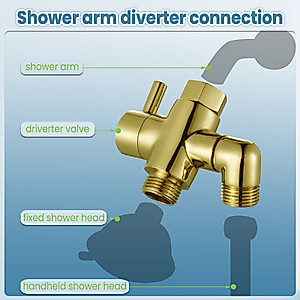 YDmeet Shower Head Holder for Handheld Shower Wand and Shower Diverter Valve with Elbow Outlet Desgin, All Metal Brass, Polished Gold