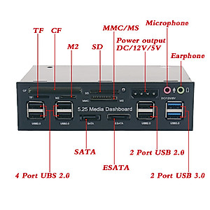Tccmebius TCC-QL5E 5.25 Inch PC Multifunction Dashboard Media Front Panel, with SATA e-SATA Dual USB 3.0 6 Port USB 2.0 Audio Ports and Five-in-one Card Reader