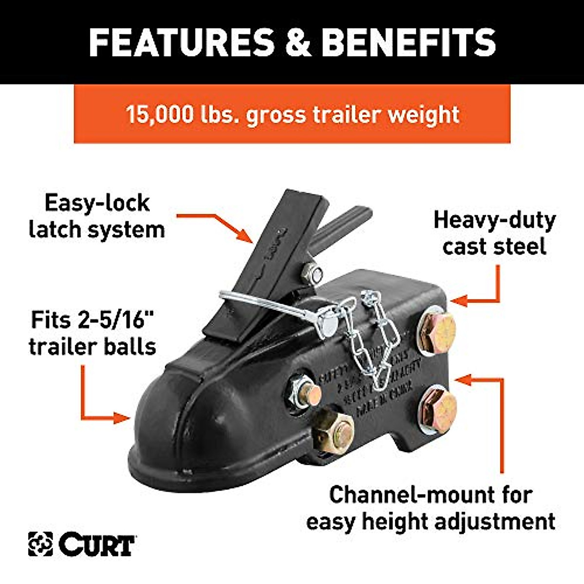 CURT 25328 Channel-Mount Adjustable Trailer Coupler, 2-5/16-Inch Hitch Ball, 15,000 lbs