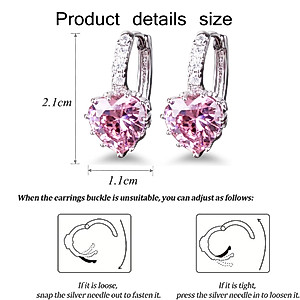 GULICX Heart shape Created Pink sapphire Cubic Zirconia Silver Tone hoops shiny earrings