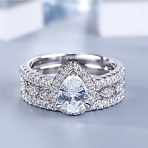 2.8 Ctw Moissanite Pear Shaped Wedding Ring Set for Women White Gold 3 Pieces Vintage Bridal Ring Set Engagement Ring Set 10K 14K 18K Gold Teardrop Bridal Set Anniversary Promise Rings for Her(18K)