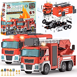 Take Apart Fire Truck Toy - 125 Pcs 2-in-1 STEM Building Kit Toy w/Drill - DIY Friction Power Firefighter Toy Building Set for Kids w/Light & Sounds, Boys & Girls, Ages 4 5 6 7 8 Years Old