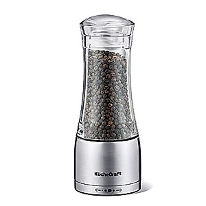 Pepper Grinder - KucheCraft Intuitive Salt Grinder or Pepper Grinder Refillable - Stainless Steel Manual Pepper Mill with Aroma Sealable Cap - Up to 5 Preset Grind Sizes