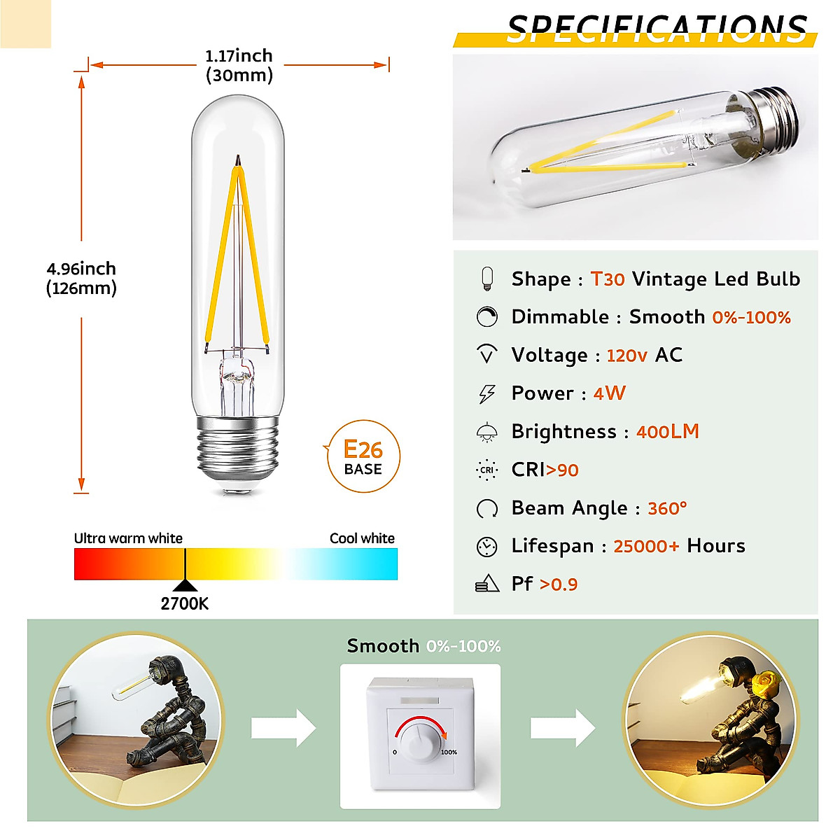 Sphoon Dimmable Tubular Led Bulb E26 led Light Bulb,T10 T30 Vintage LED Bulbs, 40 watt Equal 4W, 2700K Warm White Light Edison Lights Bulbs, AC120V, 400lm, for Chandelier Pendant Lights- 2 Pack