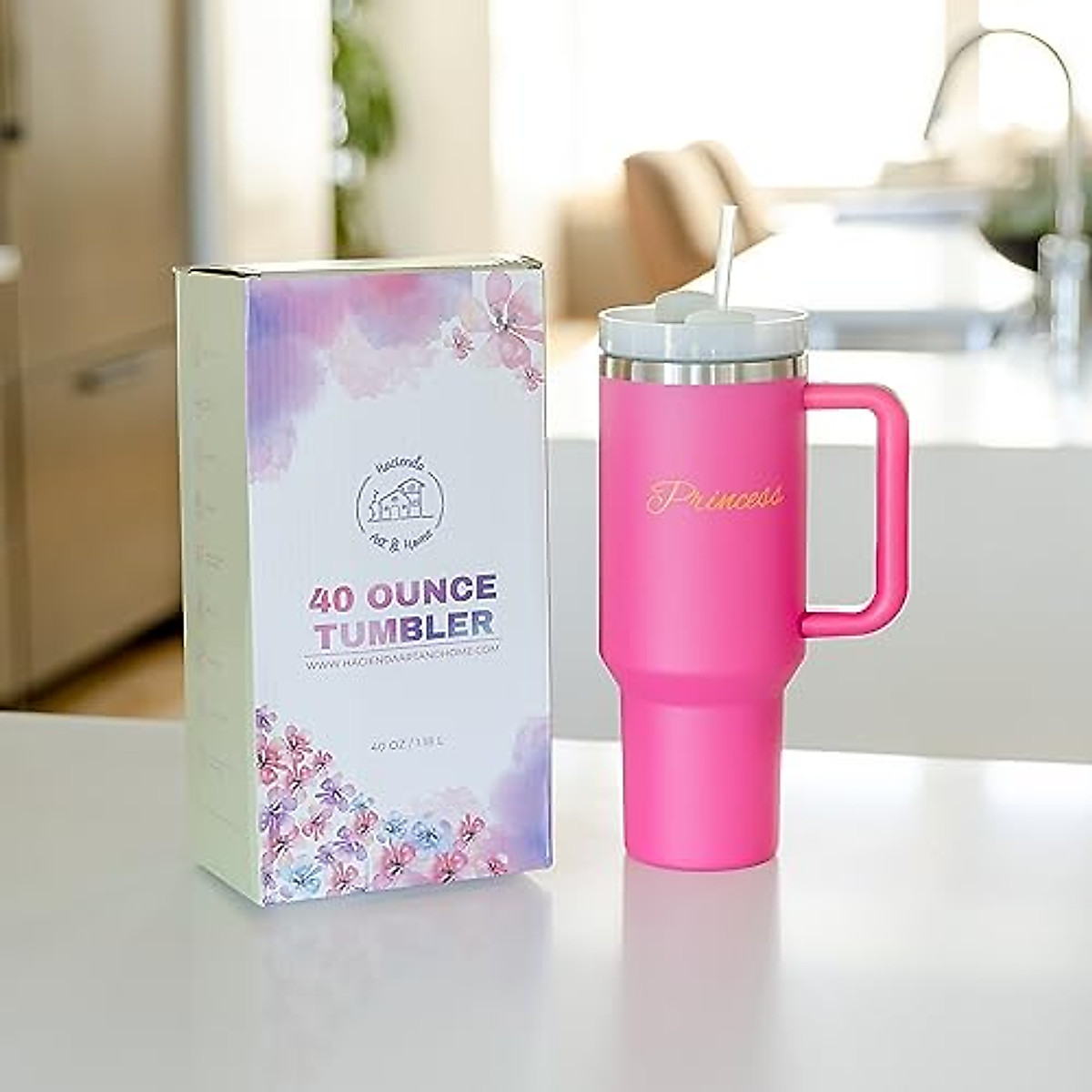 Princess 40 Oz Tumbler with Handle and Straw - Insulated Stainless Steel Water Bottle Fits in Car Cup Holder - Double Walled Water Bottles with Lid - Princess Gifts - Gifts for Girls