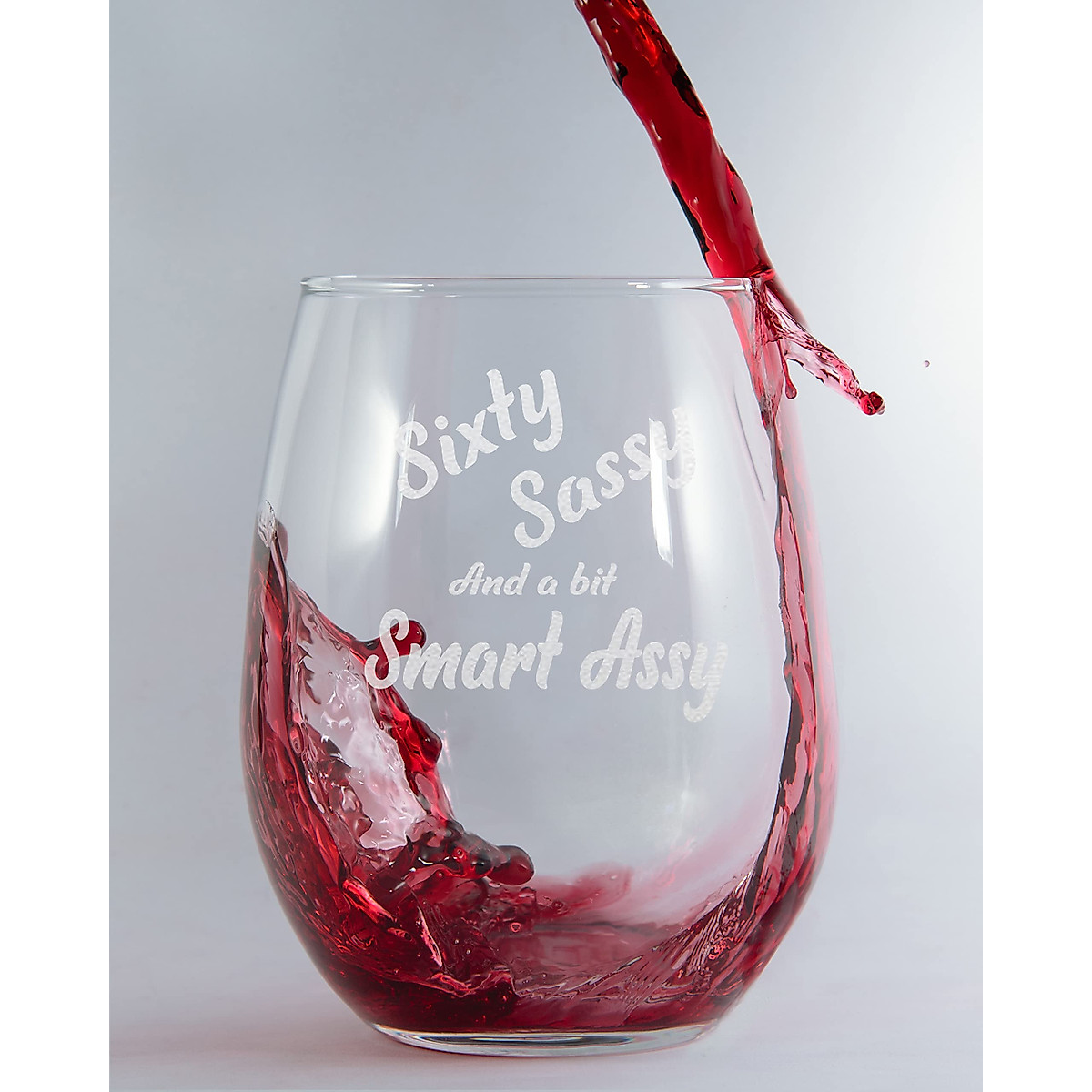 CARVELITA Sixty Sassy And A Bit Smart Assy 15oz Engraved Stemless Wine Glass, Sarcastic Gifts For Best Friends - Perfect Party Decoration Idea, 60 Birthday Gifts for Women