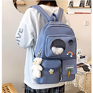 LaurelTree Kawaii Aesthetic Cute 5pcs School Bags Set with Accessories School Suppliers for Teens Girls Backpack Tote Bag (Pink)