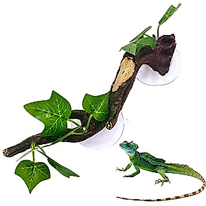 PINVNBY Reptile Corner Branch Resin Climb Tree Branch Decor with Leaves Terrarium Plant Decoration with Suction Cup Gecko Plant Ornament for Amphibian Lizard Snake Climbing 