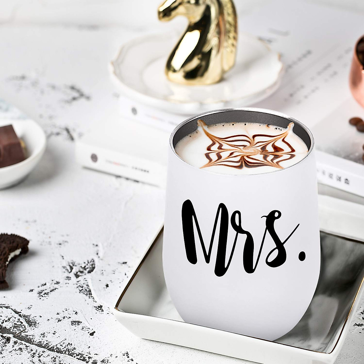 GINGPROUS 2 Pack Mrs and Mrs Wine Tumbler Set, Lesbian Couple Idea for Girlfriend, Engagement Wedding Anniversary LGBT Idea 12 Oz Insulated Stainless Steel Wine Tumbler with Lid, White