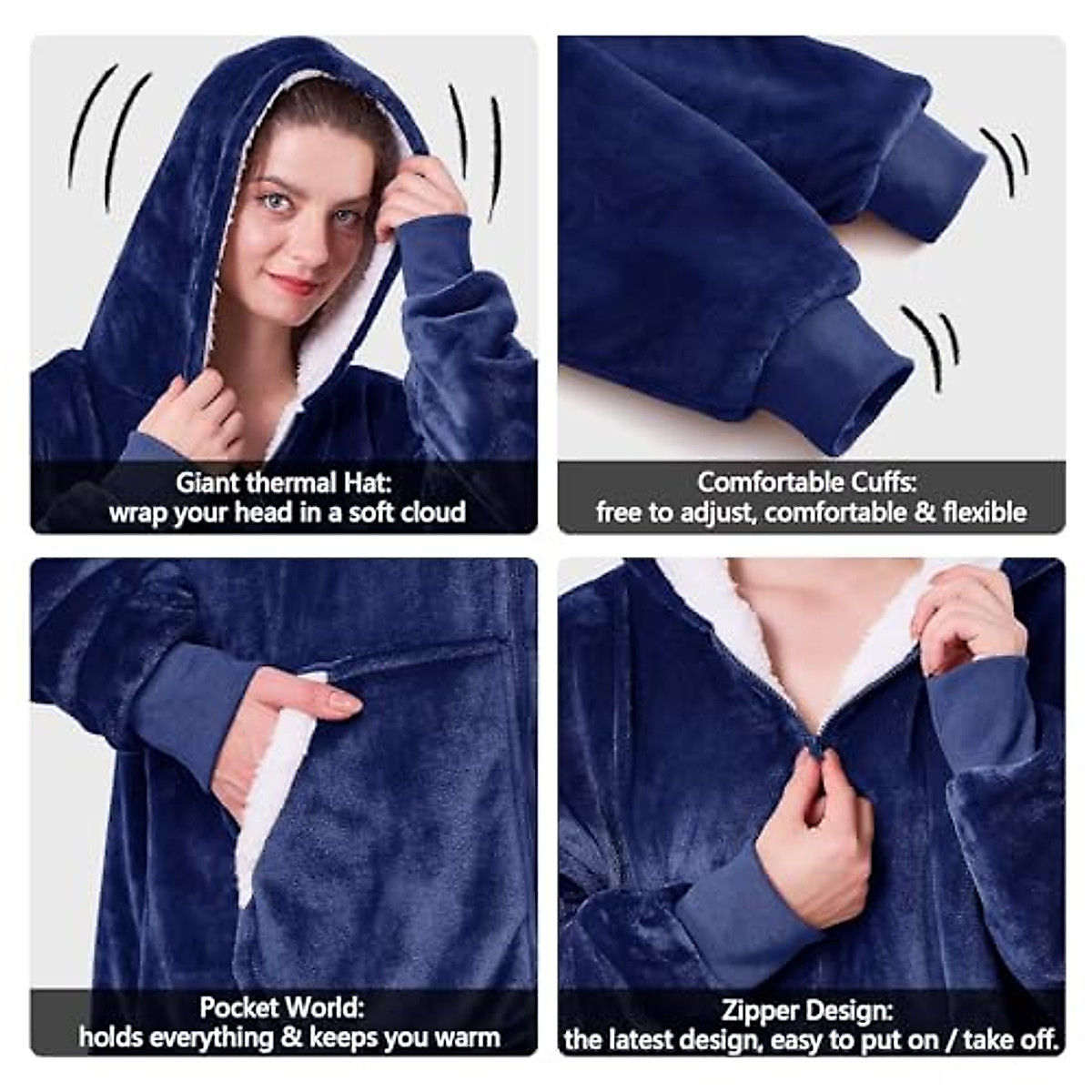 JOYWOO Wearable Blanket Hoodie, Oversized Hooded Blanket for Adult, Birthday Gifts for Women Men, Cozy Fuzzy Sherpa Sweatshirt Blanket with Giant Pocket and Zipper, Navy Blue