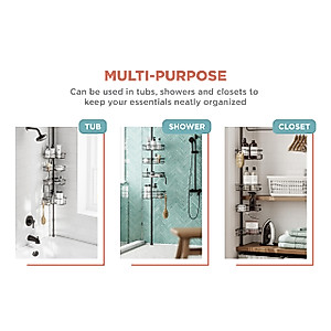 Zenna Home Tension Pole Shower Caddy with 4 L-Shaped Shelves with Hooks, Bronze, 60-97 Inch – Rust-Resistant Corner Shower Organizer Shelf – Adjustable Shower Rack for Bath Essentials