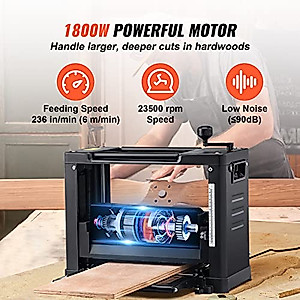 VEVOR Thickness Planer, Two-Blade, 13" Width Worktable Benchtop Planer, 15-Amp 1800W Powerful Motor, 12" Extended Infeeding Table, Low Noise for both hard & soft wood material removal