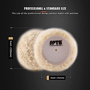 SPTA Wool Polishing Pad, 5Pcs 3"(75mm) 100% Natural Wool Buffing Pad with 1Pc Hook&Loop Backing Pad, 1Pc Extension Shank for Drill Polisher Cutting, Car Body Repair Buffing