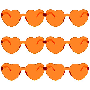 Fengek 6 Pcs Heart Shape Sunglasses Frameless Transparent Glasses Party Favors for Girls, Women, Orange