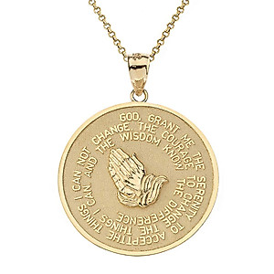 Solid 10k Yellow Gold Serenity Prayer with Praying Hands and Lord's Prayer Medal Pendant Necklace (1.18"), 18"
