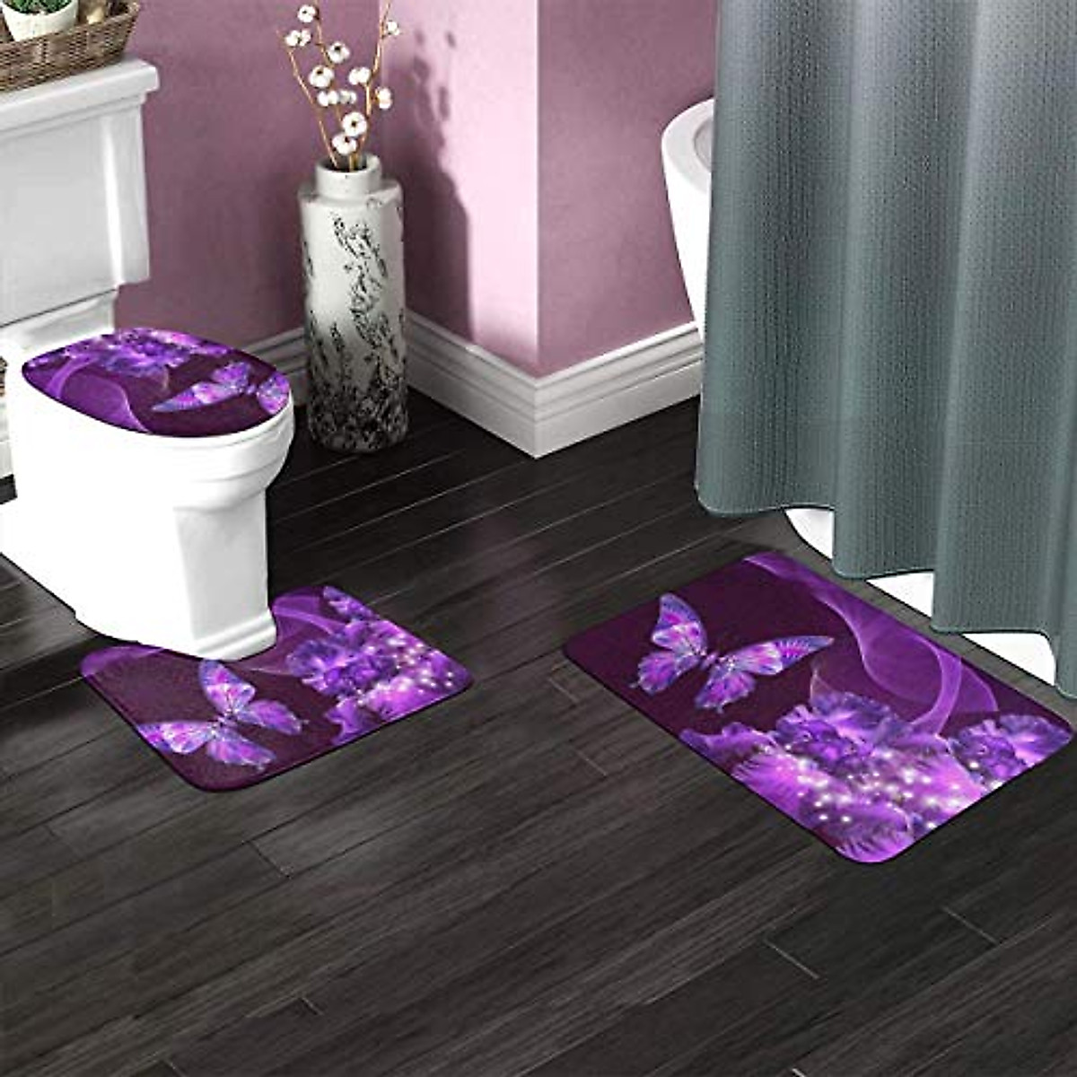 QIAOQIAO Purple Butterfly Bathroom Rugs and Mats Sets 3 Piece (Bath Mat U-Shaped Contour Shower Mat Non Slip Absorbent Toilet Lid Cover Washable) 40x60cm, OneSize