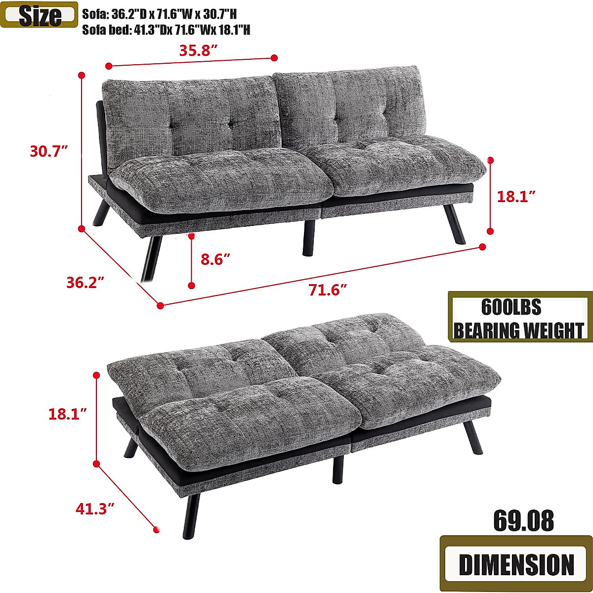 Futon Sofa Bed,Convertible Folding Futon Couch Breathable Small Couch for Compact Living Studio in Living Room and Bedroom,Offices,Dorm Loveseat (Grey)