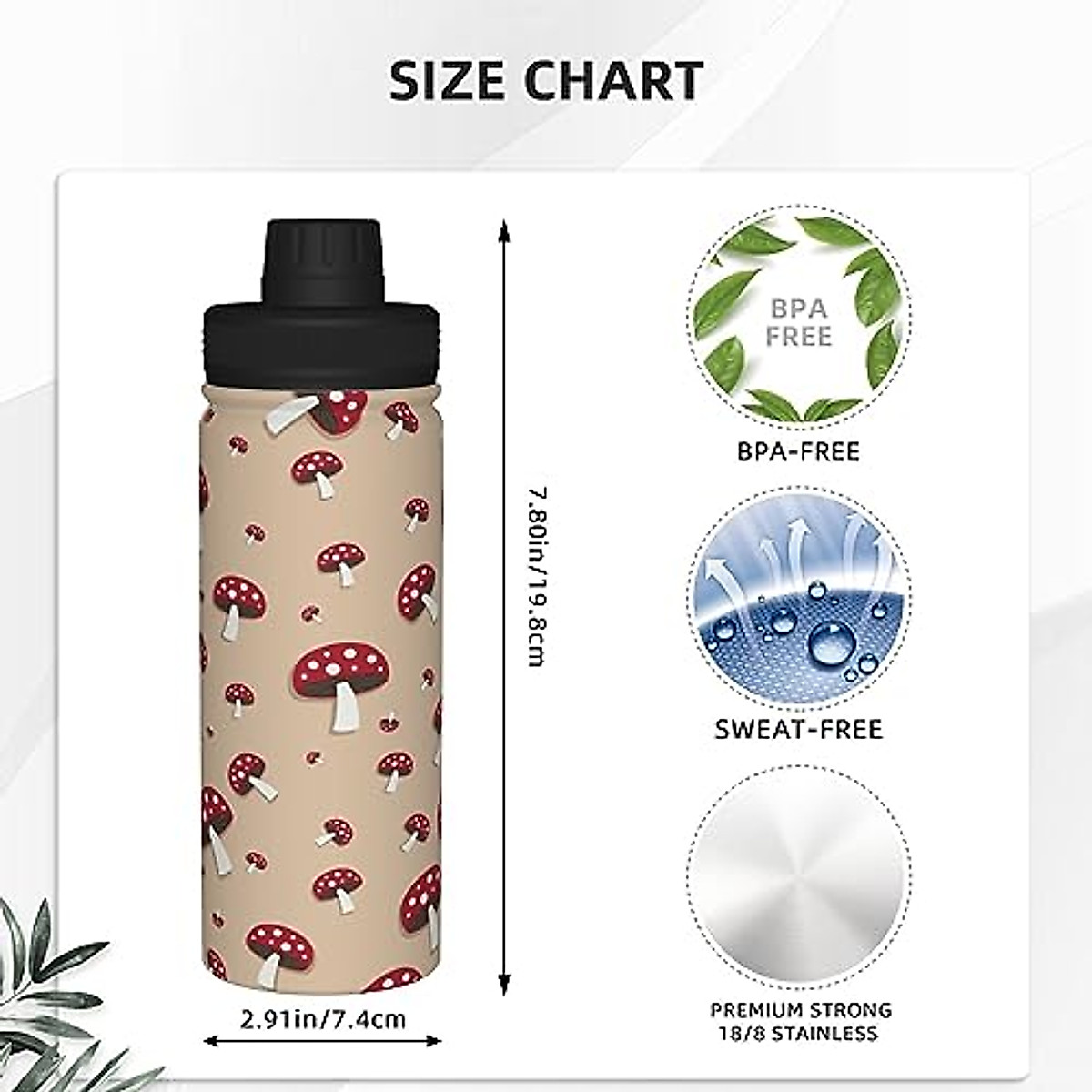 SARNFANS Ladybug 18 oz Sports Water Bottle,Spring Polka Dotted Silhouettes,Stainless Steel Vacuum Insulated Water Bottles,Leakproof Lightweight,Keeps Cold and Hot,Grey