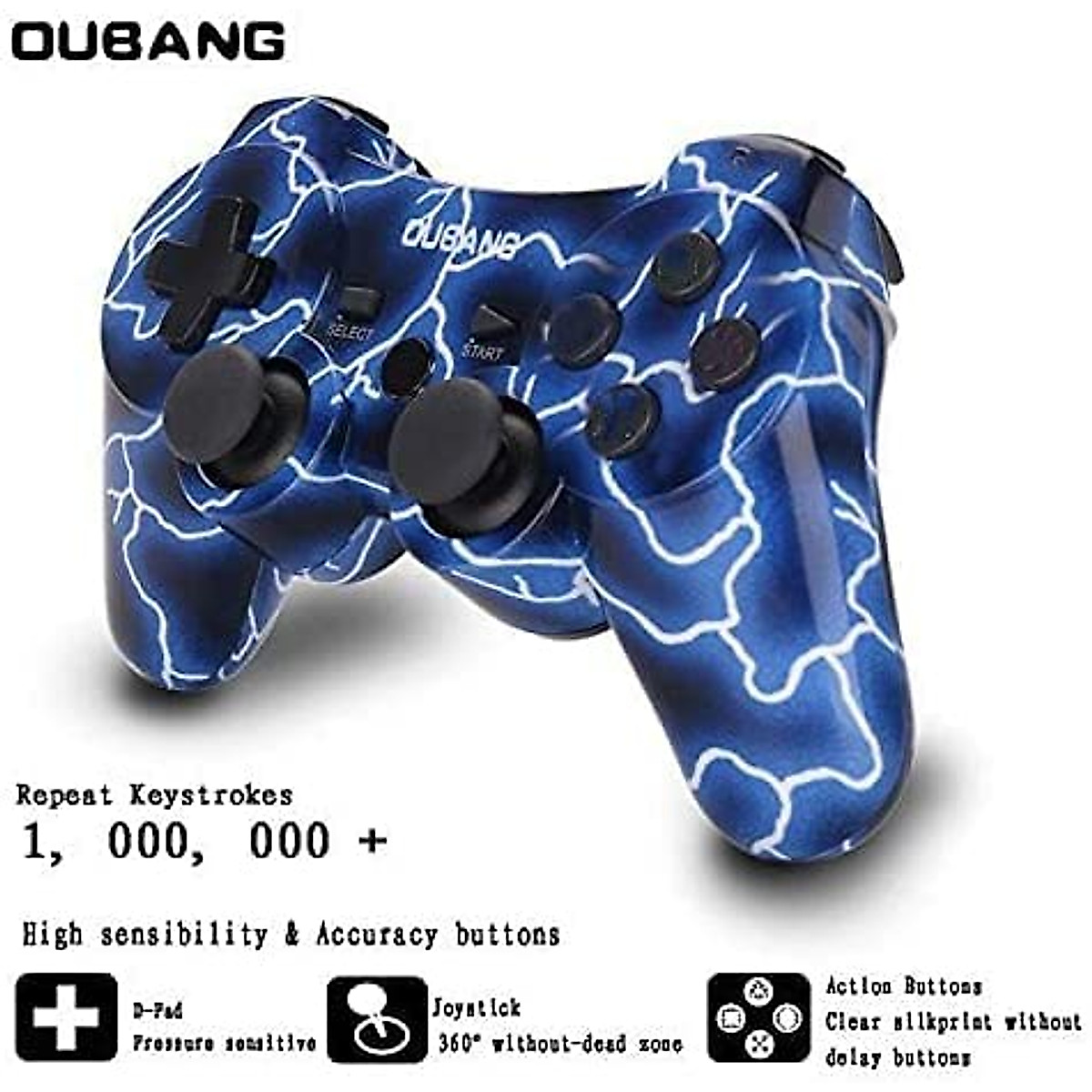 OUBANG 2 Pack Remotes Work with PS3 Controller Wireless, Cool Blue Gamepad Compatible with Playstation 3 Controller, Wireless Game Control for PS3 with Upgraded Joystick, Pa3 Controllers for PS3 Gift