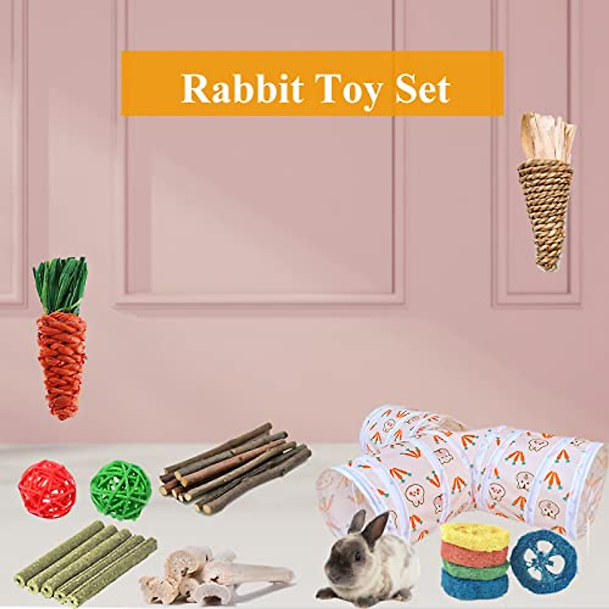 HERCOCCI Bunny Tunnels & Tubes, Collapsible 3 Way Rabbit Hideout Tunnel with Chew Toys for Rabbit Bunny Guinea Pig Ferret Kitten