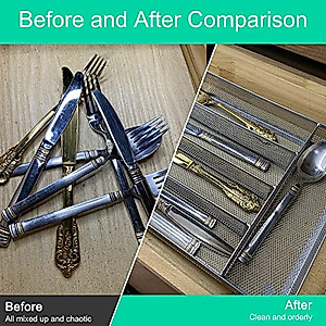 GBmall Metal Silverware Organizer, 5 Compartments Cooking Utensil Mesh Trays 12inch No-Slipping Drawer Organization for Office Home Kitchen