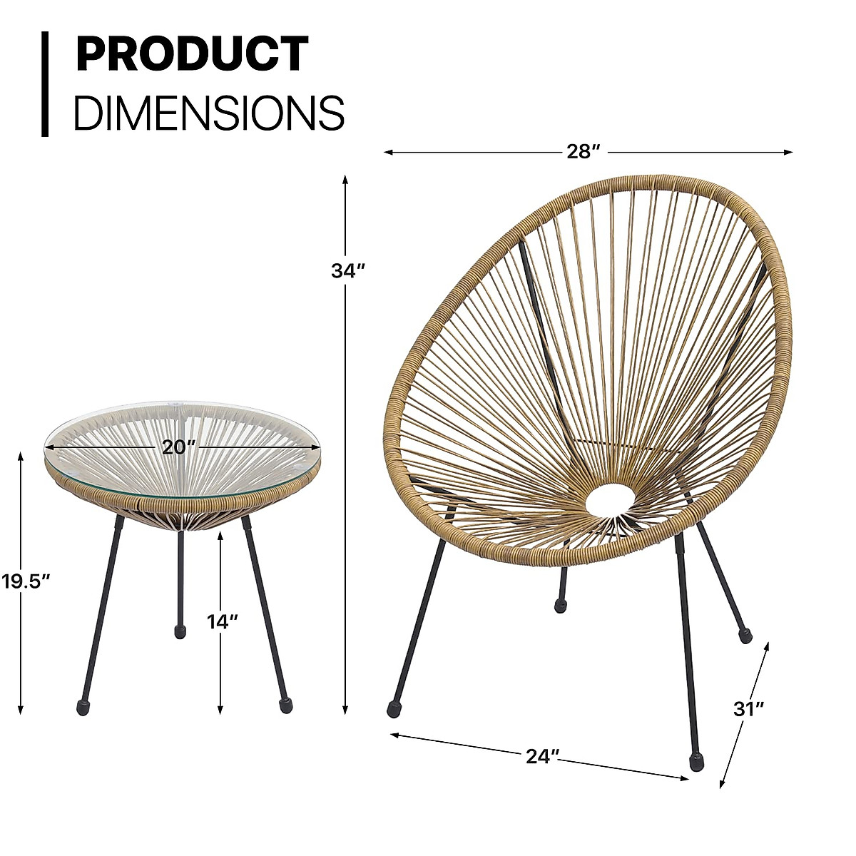 MoNiBloom 3 Piece Patio Set All Weather Outdoor Furniture Conversation Bistro Set with Plastic Rope, Glass Top Table and 2 Metal Steel Chairs for Garden Deck and Backyard Natural