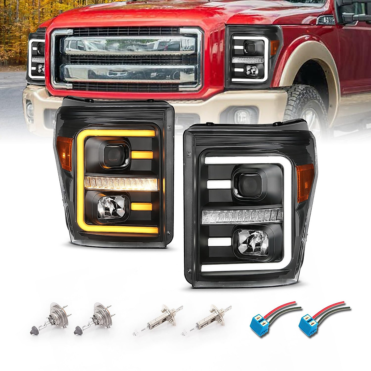 AmeriLite Replacement Headlights for 2011-2016 Ford F250/350/450 Super Duty Switchback LED Tube Projector Black Assembly Set - Passenger and Driver Side