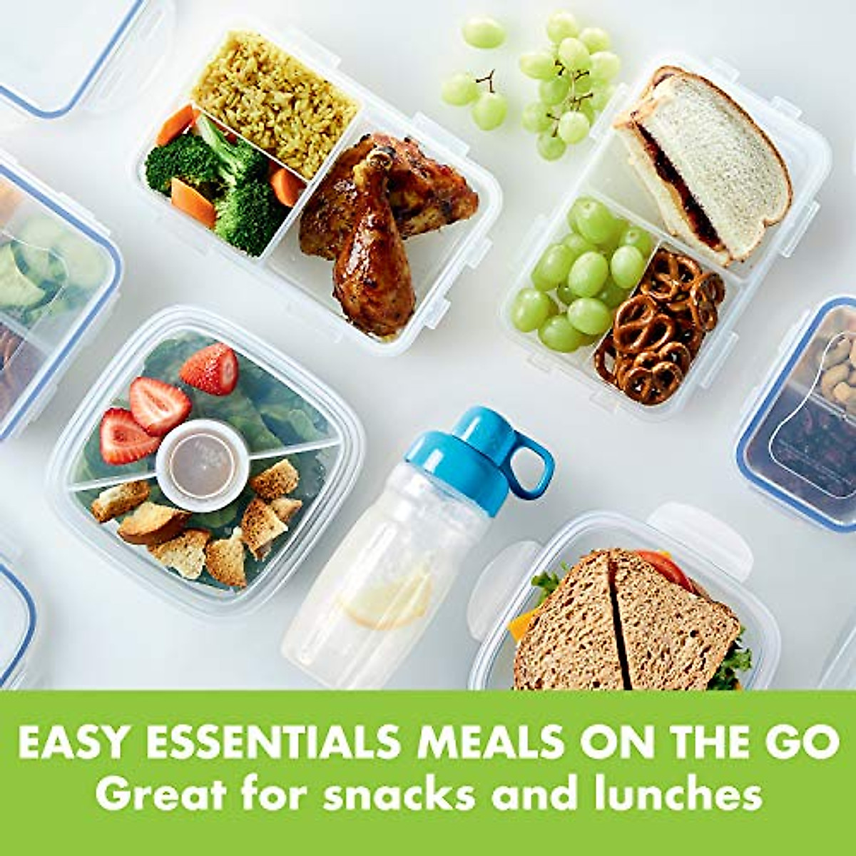 LocknLock Easy Essentials On The Go Meal Prep Lunch Box, Airtight Containers with Lid, BPA Free, Square (4 Section) -29 oz, Clear (Pack of 2)