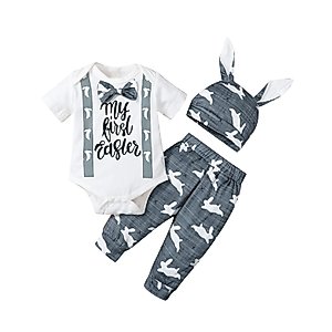 BIRTHDAY SHARK Baby Boy My 1st Easter Outfit Newborn First Easter Outfit Baby Bunny Clothes (White,0-3 Months)
