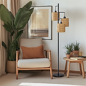 Maxax Rattan Floor Lamp, 3 Lights Farmhouse Tree Standing Lamp with Wood Rattan Shades, Multi Head Vintage Tall Pole Lamp for Bedroom Living Room, Office - 65 Inches