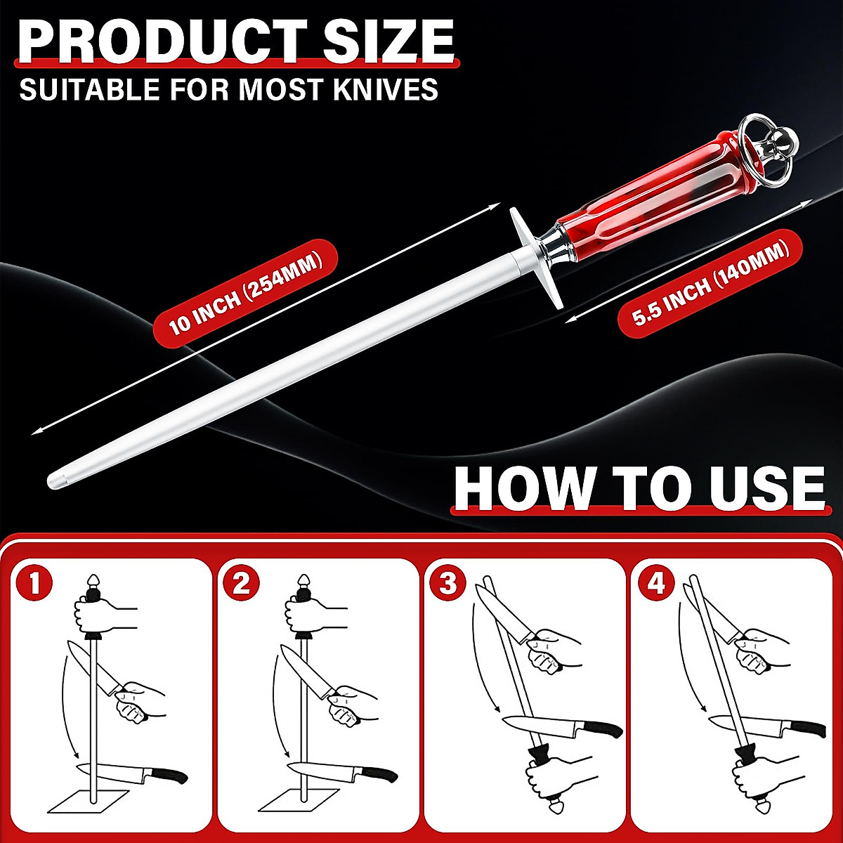 Huusk Butcher Knife Set, Hand Forged Serbian Chef Knife, Viking Boning Knife,Cleaver Knife with Sheaths, 10" High Carbon Steel Knife Steel Sharpener,3200 Grit Sharpening Steel (Round)