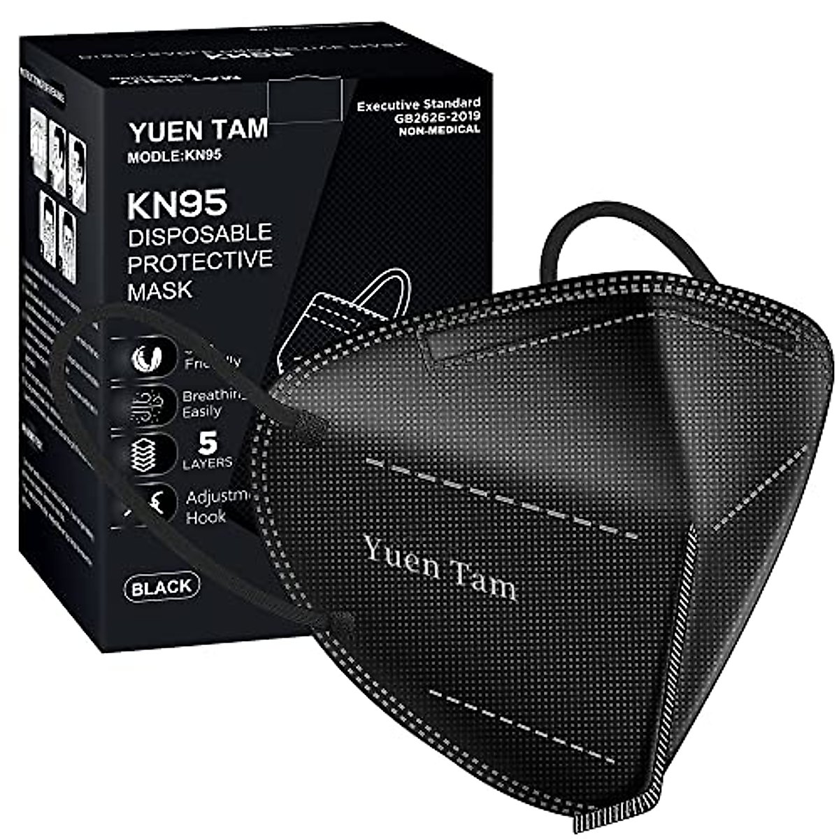 YUENTAM KN95 Face Masks 50PCS, 5-Layers Protection With Elastic Loop Straps and Nose-Clip and Adjustment Hook, Breathable 3D design For Men and Women,Individually Wrapped, Black and White (Black)