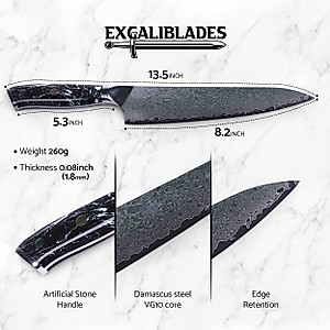 EXCALIBLADES Ultra Sharp 8" Damascus Chef's Knife. High Carbon 67-layers VG10 Stainless Steel Kitchen Knife, Ultra Sharp with Full Tang. Black Turquoise Ergonomic G10 Handle.