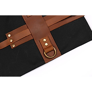 FAFOKitchen-Knife Roll - 12oz Heavy Duty Waxed Canvas & Top Grain Leather Roll Bag – 10 Slots - Interior and Rear Zippered Pockets – Carry Strap