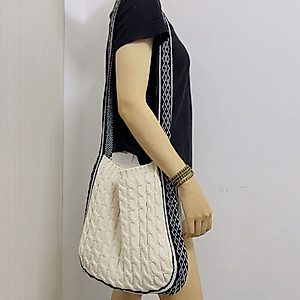 Fairy Grunge Knitted Shoulder Bags Y2K Fairycore Tote Bag Aesthetic Crochet Hobo Crossbody Bag Indie Purse Accessories (Beige)
