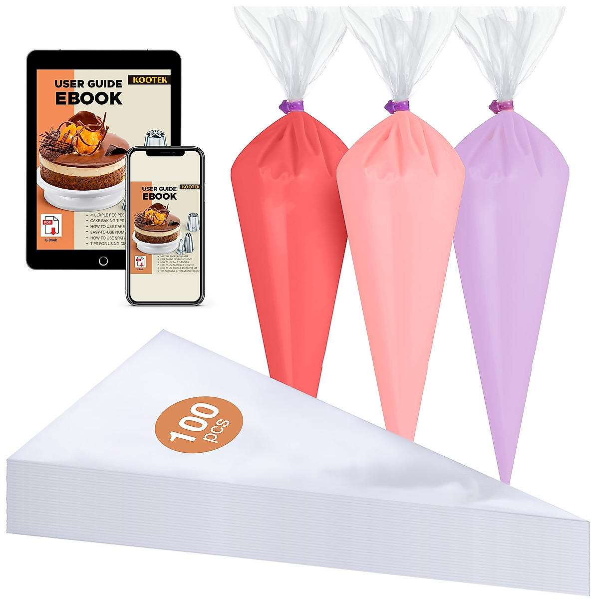 Kootek Piping Bags Disposable 16 Inch 100pcs with EBook, Anti Burst Thicken Pastry Bags, Icing Piping Bags for Cookie Cake Frosting Decorating Baking Supplies