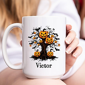 Personalized Halloween Mug, Pumpkin Tree Halloween Coffee Mug, Custom Pumpkin Ceramic Mug With Name, Novelty Halloween Day Pottery Mug, Horror Lovers Gifts, Unique Pumpkin Tree Porcelain Mug