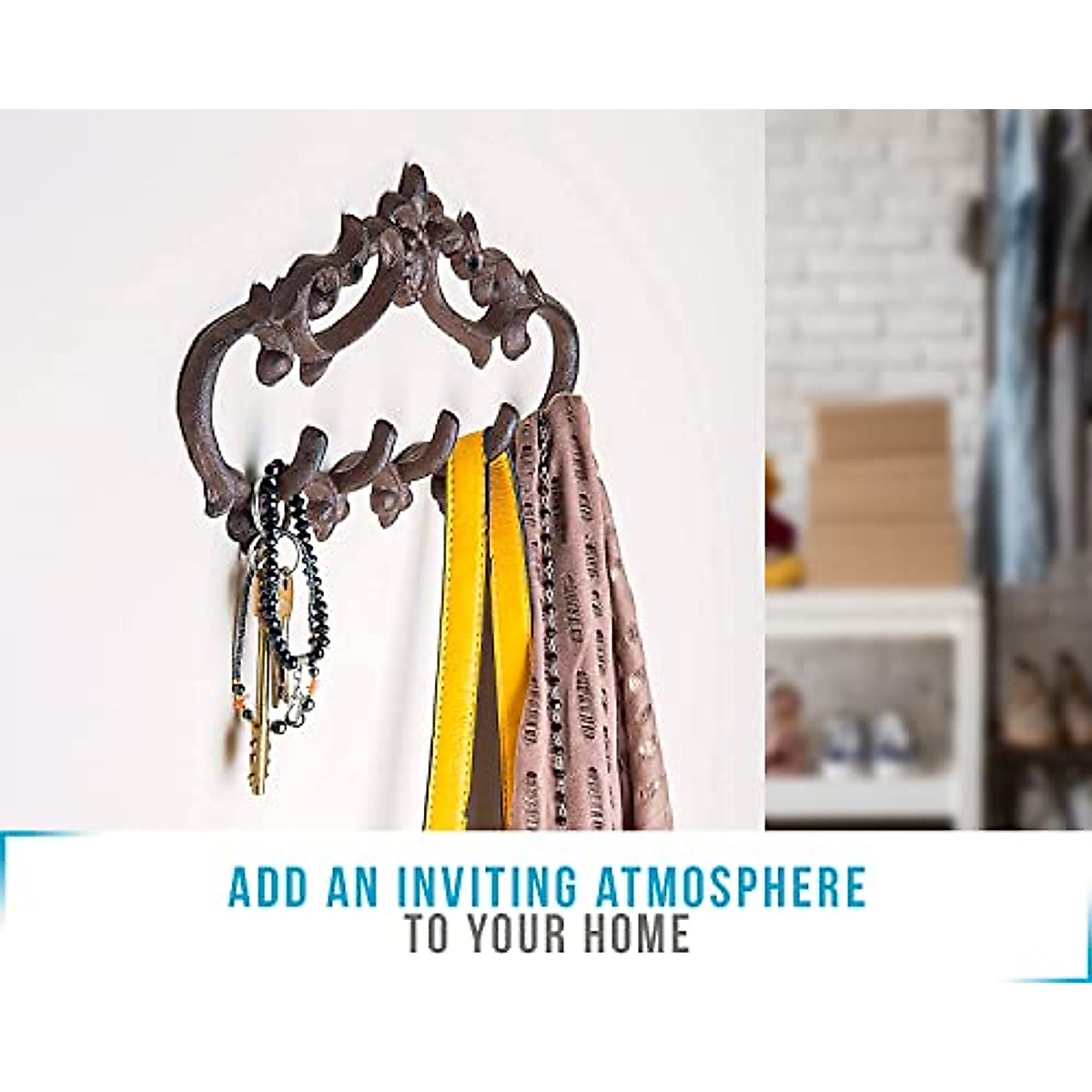 Cast Iron Wall Mounted Hanger – Vintage Design with 5 Hooks - For Keys, Towels, Robes, Clothes and More - Wall Mounted, Metal, Heavy Duty, Rustic, Vintage, Decorative Gift Idea - 12.6x5.9” | Brown