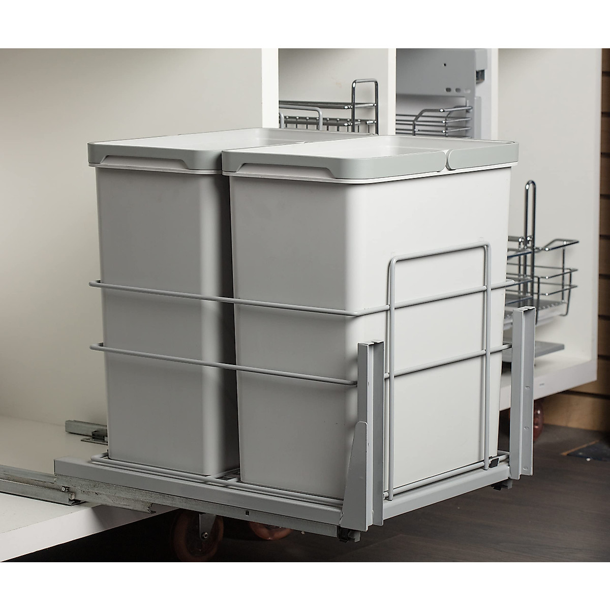 IMEX - 30 Qt./7.5 Gal Pull Out Under Mount Waste Container - Kitchen Trash Garbage Can & Bin for Under Counter Cabinet - Plastic Dustbin Mountable Basket (Gray, Double)