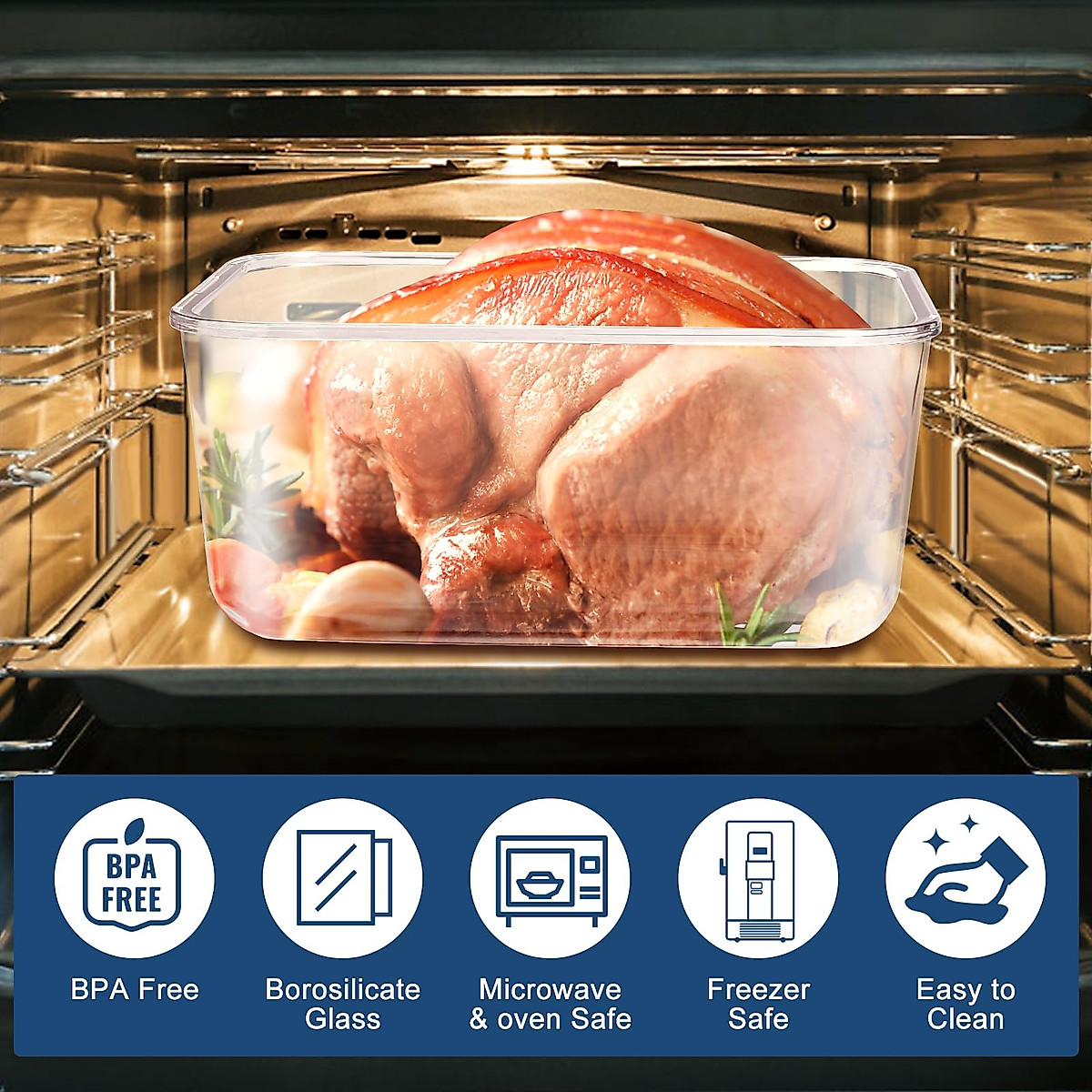 MYJIE [Extra Large] Glass Storage Containers with Lids - 220 Oz/28 Cup Oven Safe Large Glass Food Storage Containers with Handle for Storing Chicken,Vegetables,Fruits,Baking Turkey,Lasagna