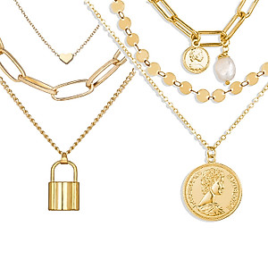 Neckcely 2 Pcs Dainty Layered Choker Necklaces Handmade Lock Heart Pendant Multilayer Adjustable Layering Chain Gold Necklaces Set for Women