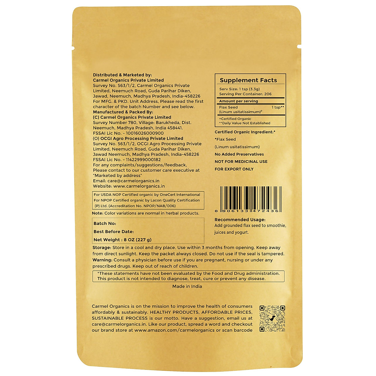 Organic Flax Seeds Whole 8 Ounce or 227g (0.5 Lb) | Non GMO | Kosher | USDA Certified Organic | By Carmel Organics | Unroasted Flax Seed | Plant Based | Linum usitatissimum