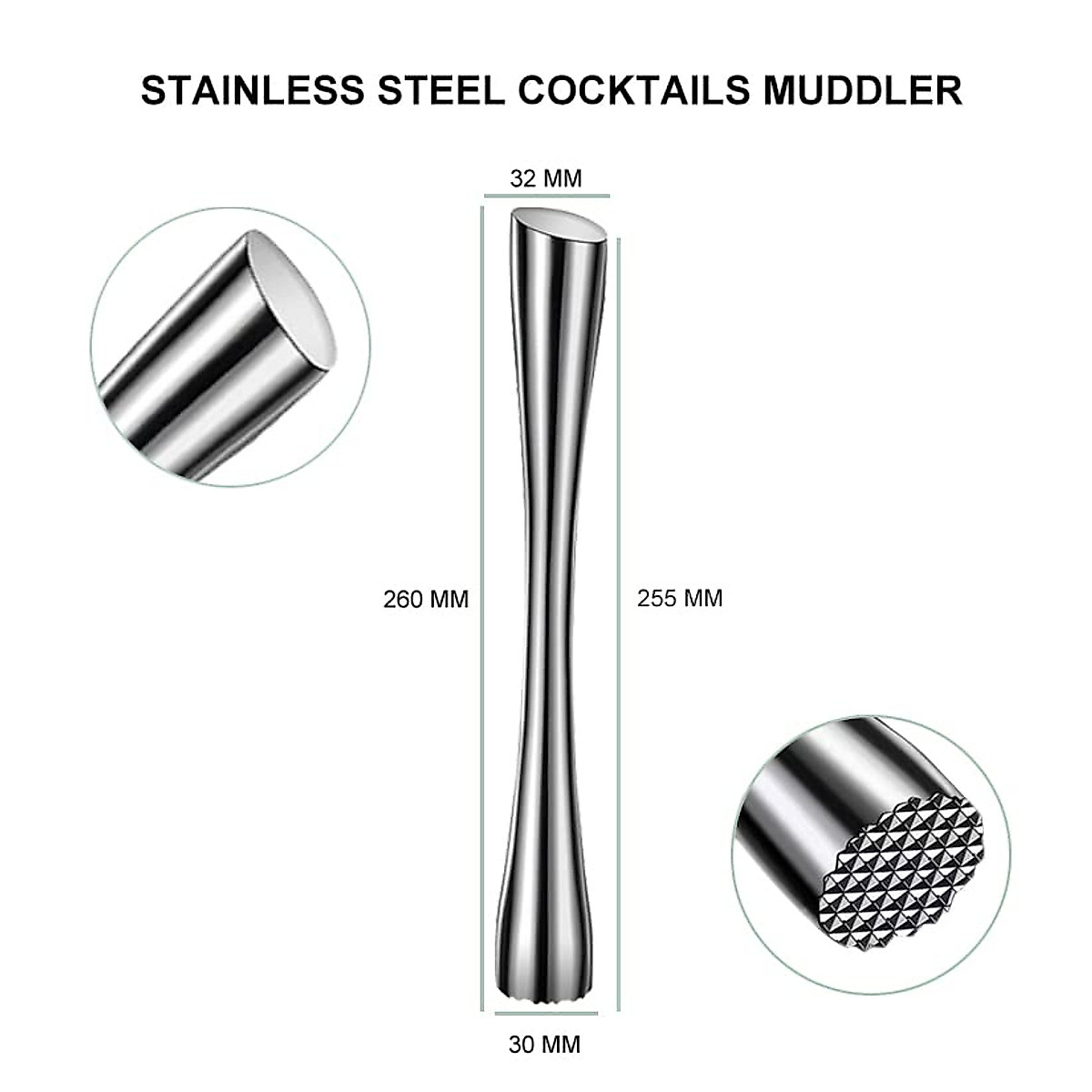 GRUB'S UP 10" Muddler for Cocktails, 255mm Stainless Steel Sturdy Muddler Bar Tool for Old Fashioned Bitters, Creating Mojitos, Margaritas, Mint & Fruit Based Drinks Cocktail