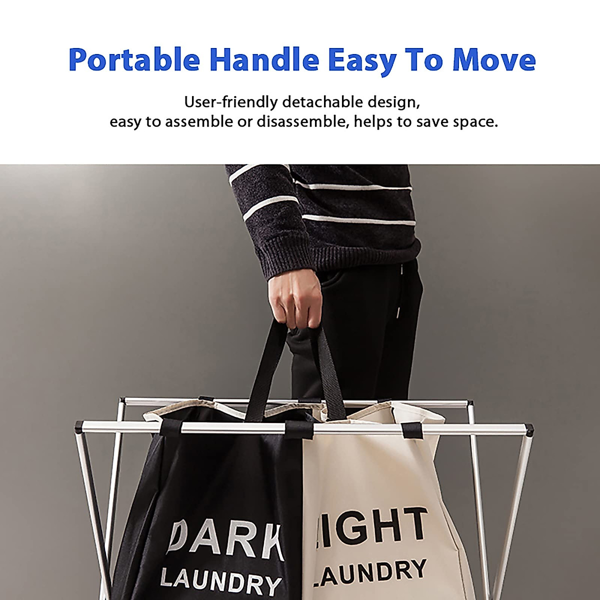 Large Laundry Basket, 2/3 Section Foldable Dirty Clothes Hamper for Laundry, Tall Divided Laundry Sorter with Removable Bag, Modern Collapsible Waterproof Laundry Hamper for Home (Black White)